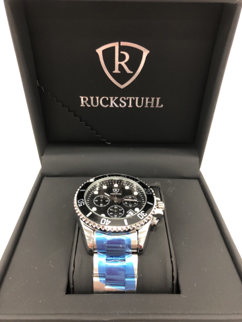 John Pye Auctions - RUCKSTUHL WATCH WITH BLACK FACE, SILVER DIAL, BLACK ...