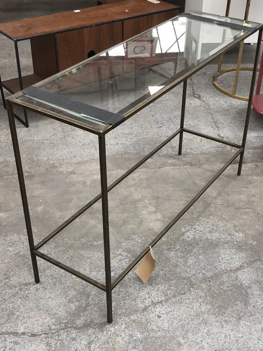 John Pye Auctions - JOHN LEWIS & PARTNERS OUTLINE CONSOLE TABLE IN ANTIQUE BRASS & GLASS ...